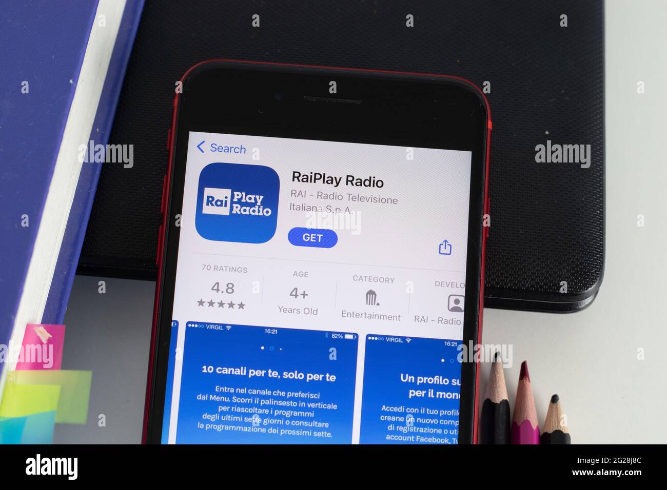 New York, USA - 1 June 2021: RaiPlay Radio mobile app logo on phone ...