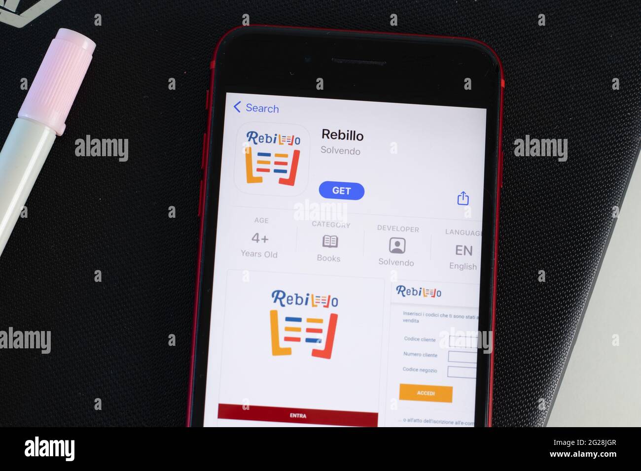 New York, USA - 1 June 2021: Rebillo mobile app logo on phone screen ...