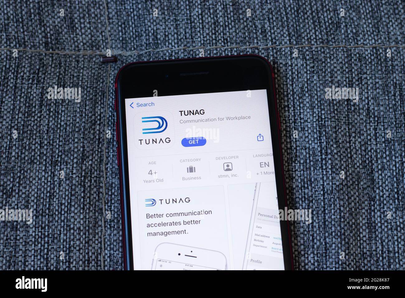 New York, USA - 1 June 2021: TUNAG mobile app logo on phone screen ...