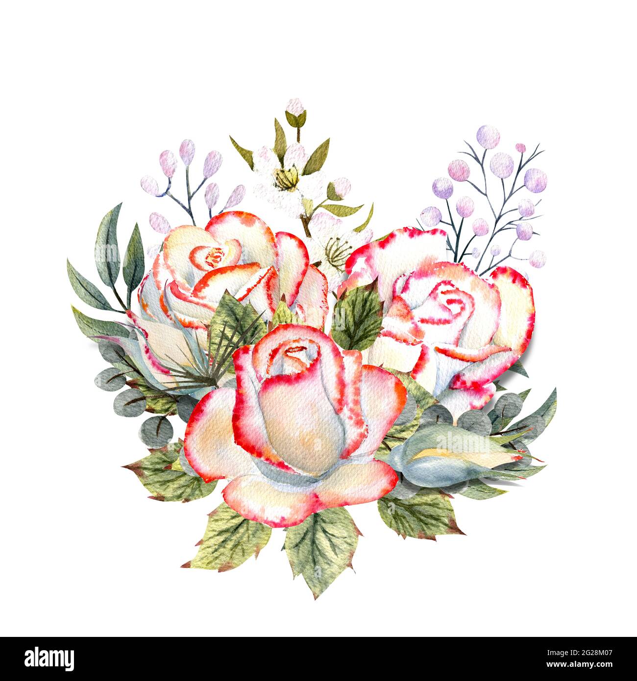 A bouquet of white roses with a pink edge, leaves, berries, decorative ...