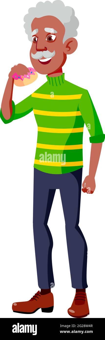 african aged ma eating donut dessert in park cartoon vector Stock ...