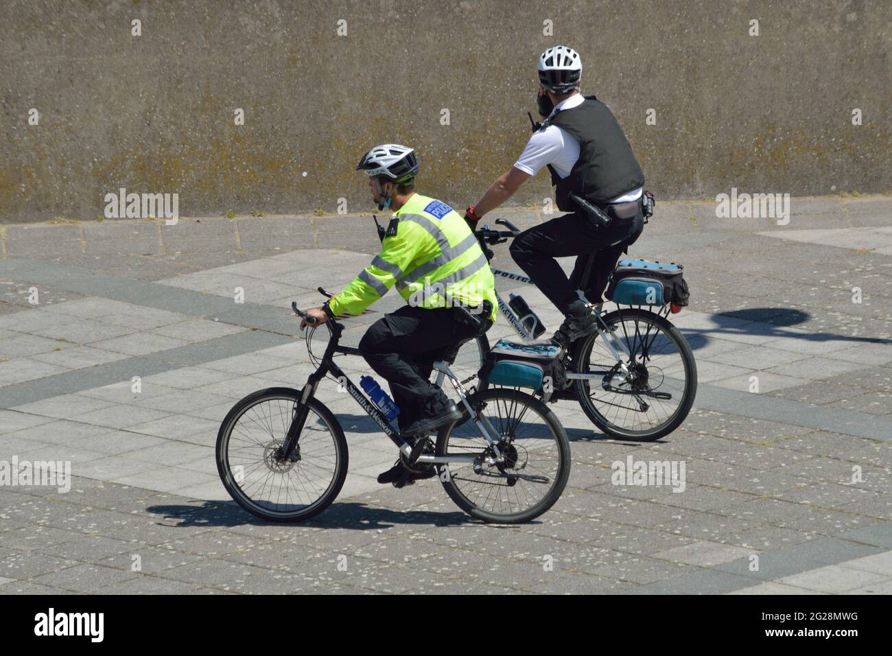 Two Police Officers from Newham MPS on a bike patrol visiting Gallions ...