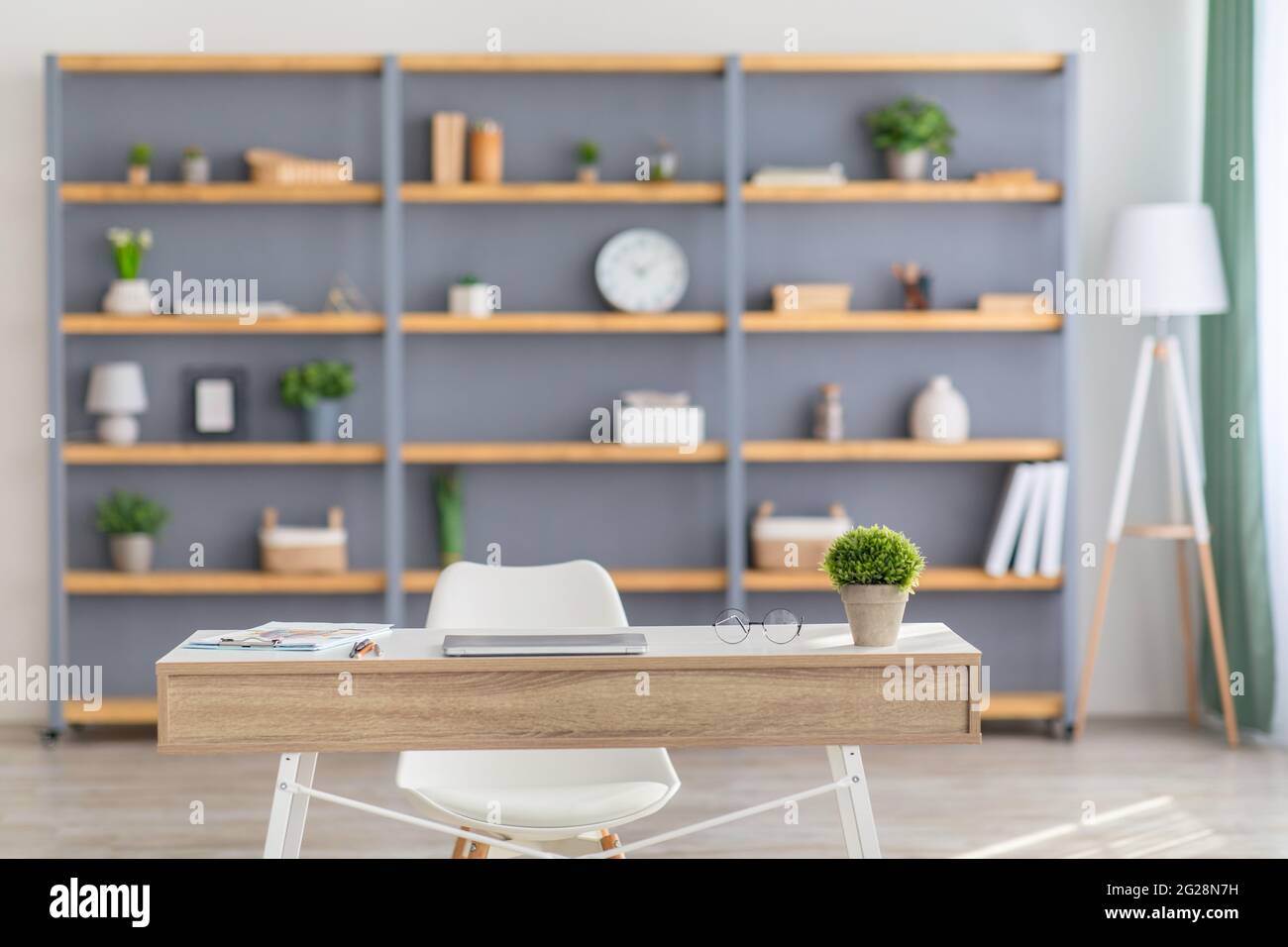 Home office interior. Table with laptop, shelves with potted plants ...