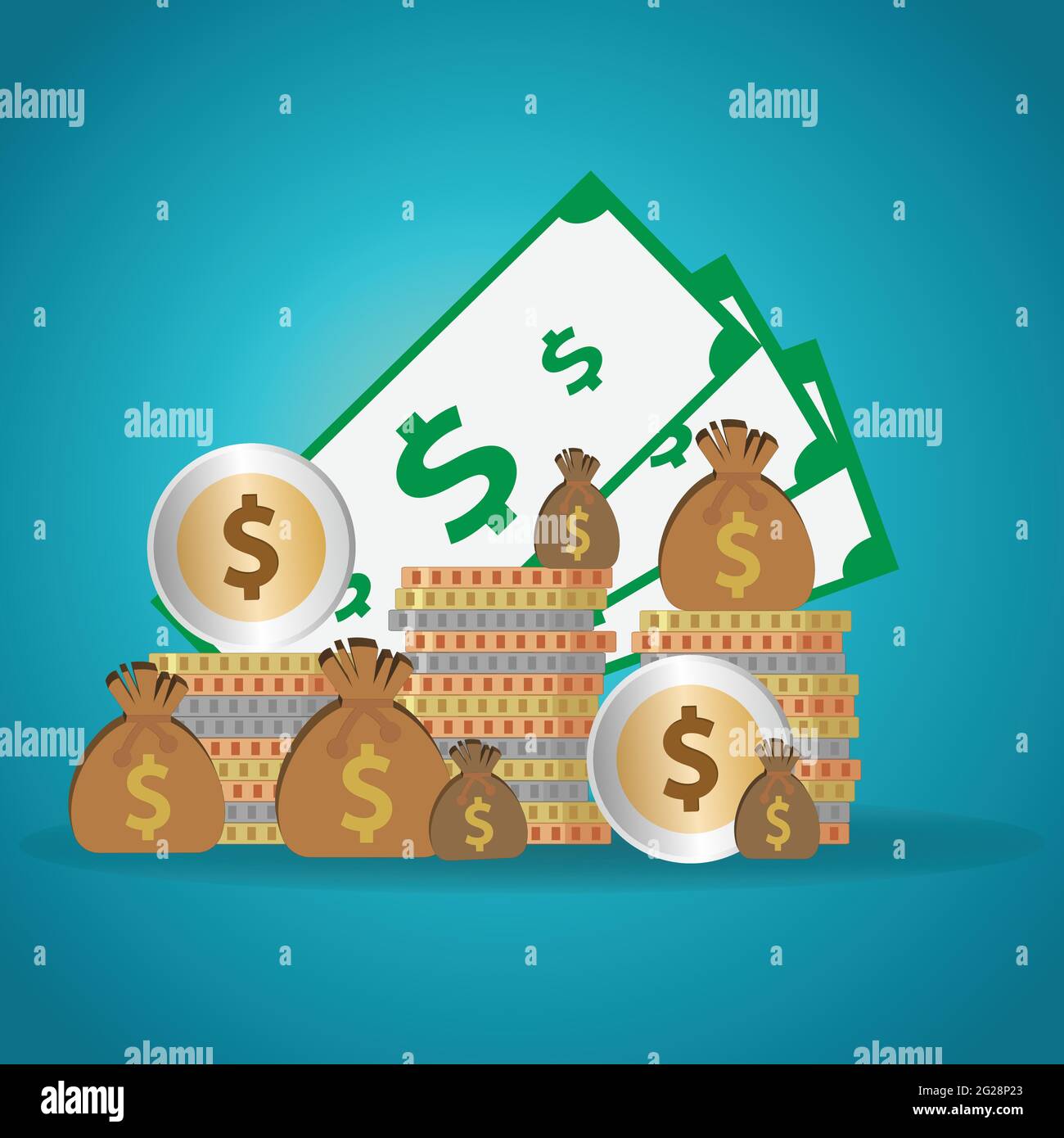 Sacks with dollar symbol on them, green dollar paper banknotes and gold ...