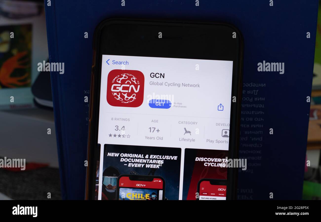New York, USA - 1 June 2021: GCN mobile app logo on phone screen, close ...