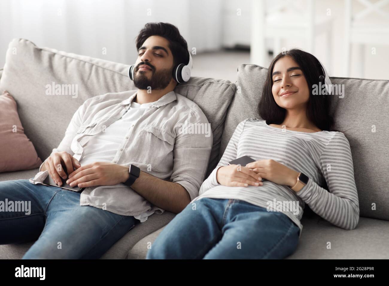 Free time for relax, rest at home, audio app at home Stock Photo - Alamy