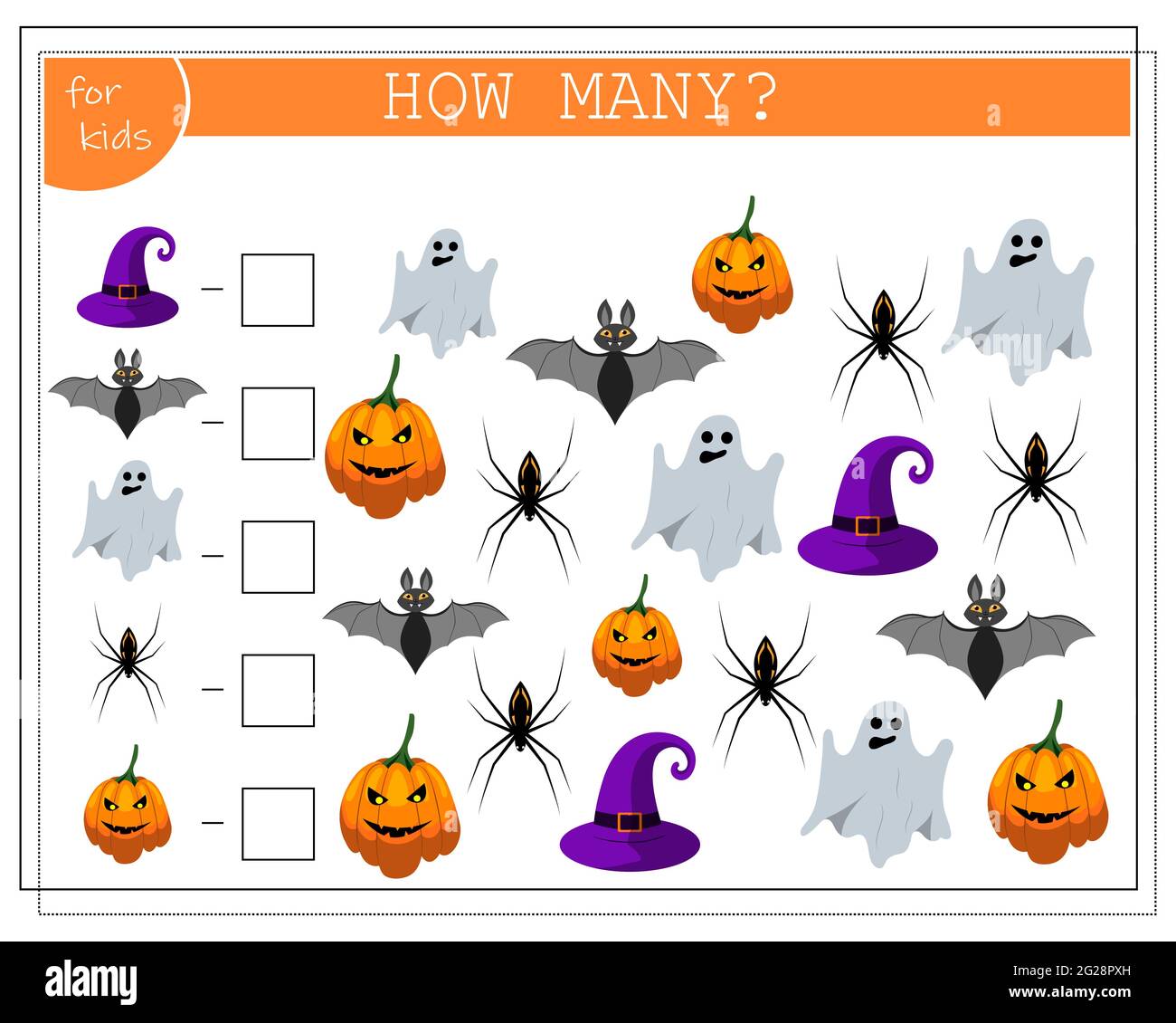 math game for kids count how many of them, hat, ghost, bat, spider ...