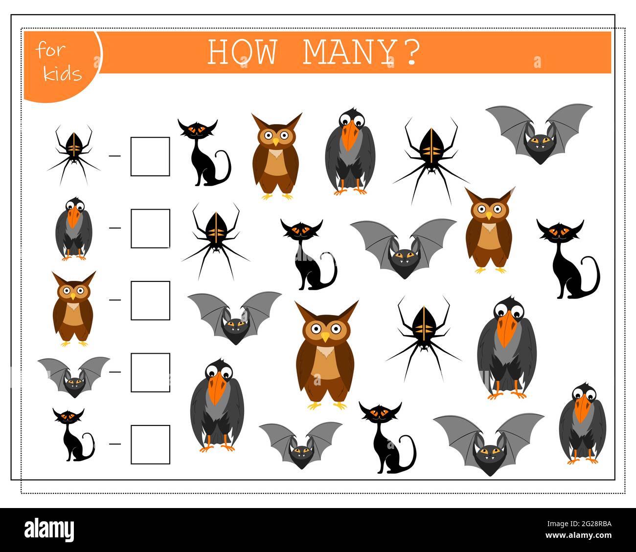 math game for kids count how many of them, cat, owl, crow, spider, bat ...