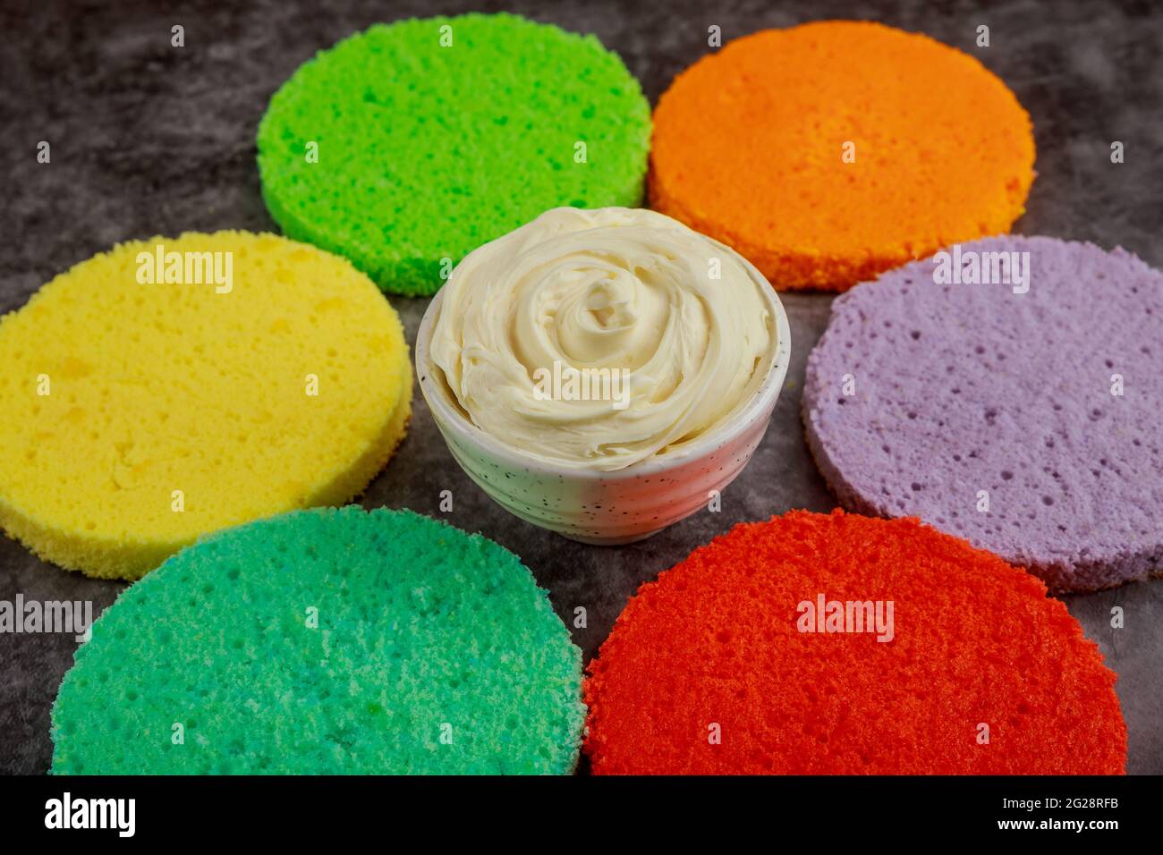 Colorful rainbow layer birthday cake in process. Close up Stock Photo ...