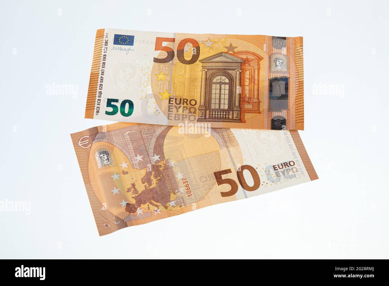 Both sides of a fifty euro banknotes on a white background Stock Photo ...