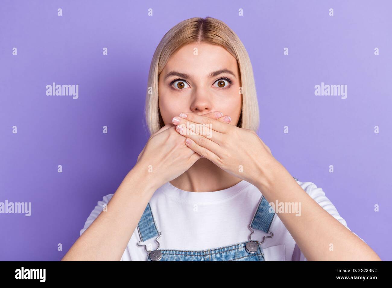 Photo Of Nice Scared Short Hairdo Blond Lady Close Mouth Wear White T