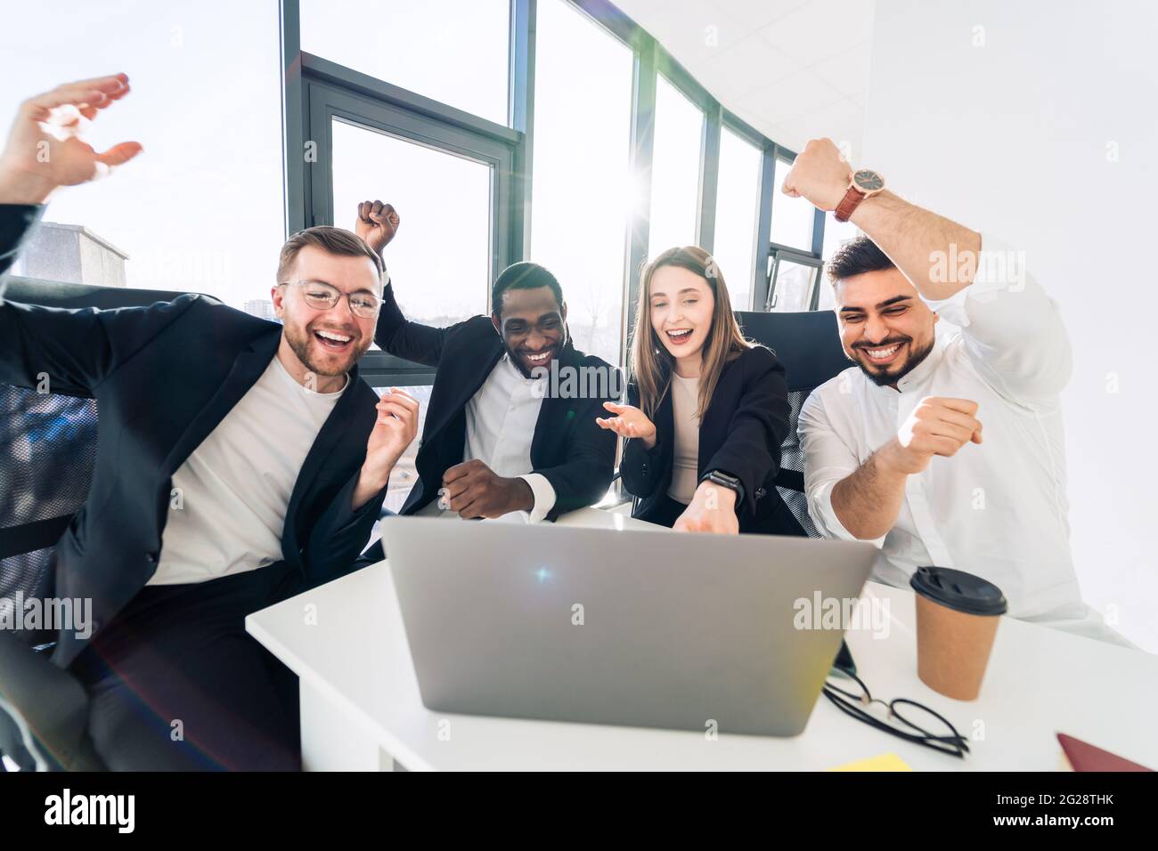 Group of multiracial business people celebrating success Stock Photo ...