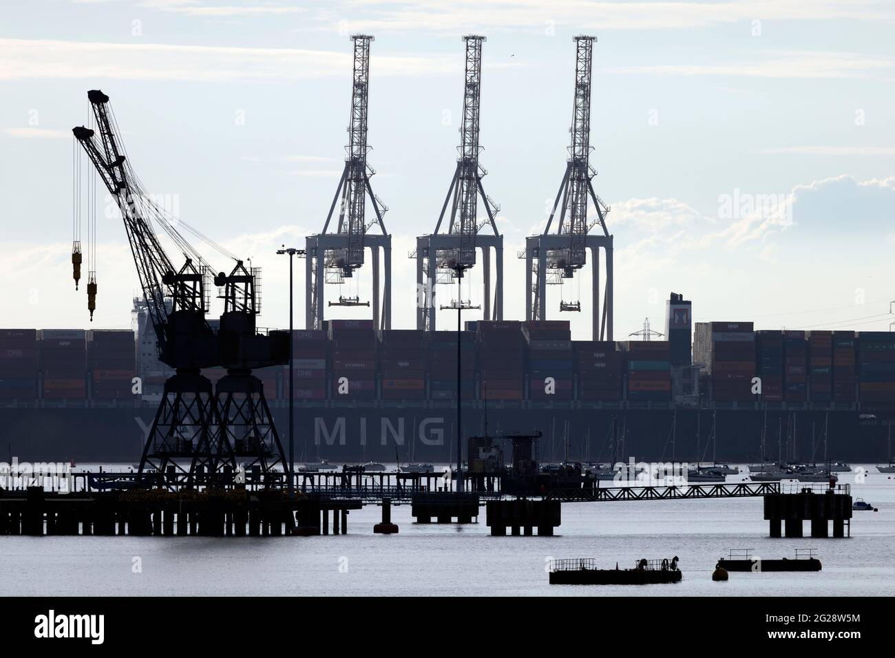 Silhouette, piers, docks,cranes,ship,Yang Ming, Box,Container,Port ...