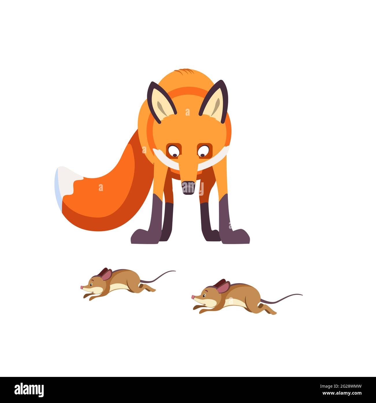 Red Fox hunts mice. View front. Cartoon, flat vector illustration ...