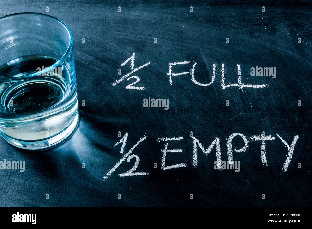 Half-full or half-empty glass of water, with text written on a ...