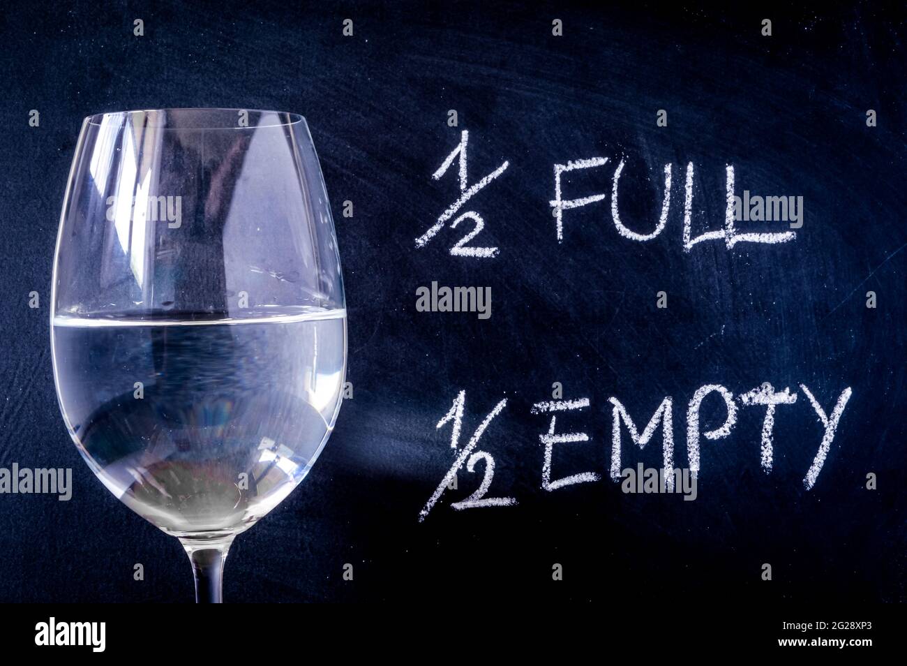 Half-full or half-empty glass of water, with text written on a ...