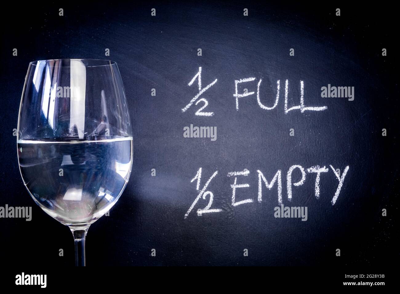 Half-full or half-empty glass of water, with text written on a ...