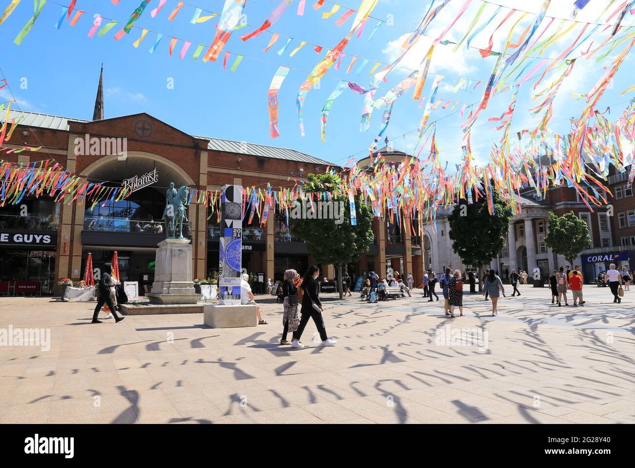 A canopy of rainbow ribbons istalled over Broadgate square, for the ...