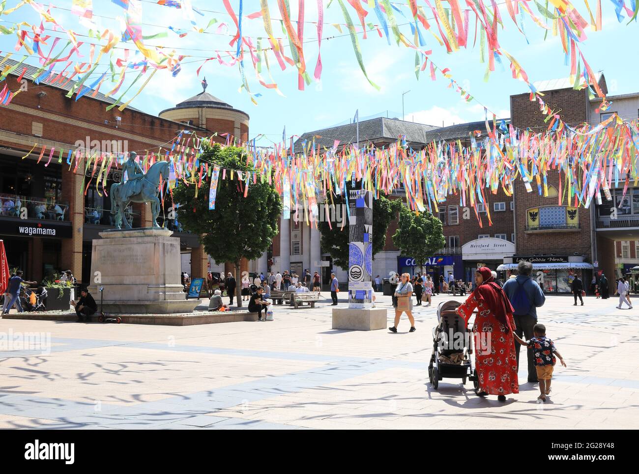A canopy of rainbow ribbons istalled over Broadgate square, for the ...
