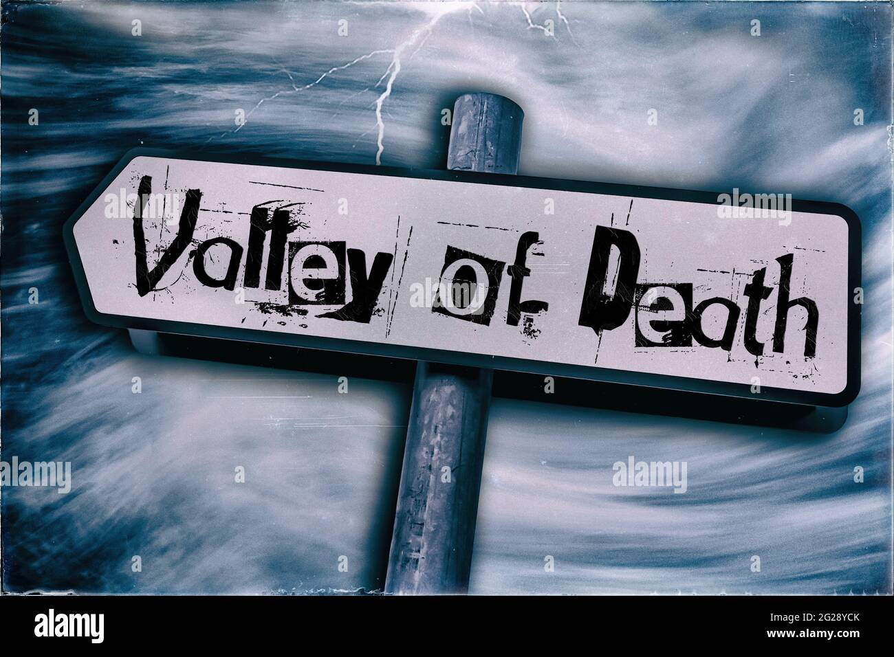 Valley of Death written on a street sign with post, Storm and lightning ...