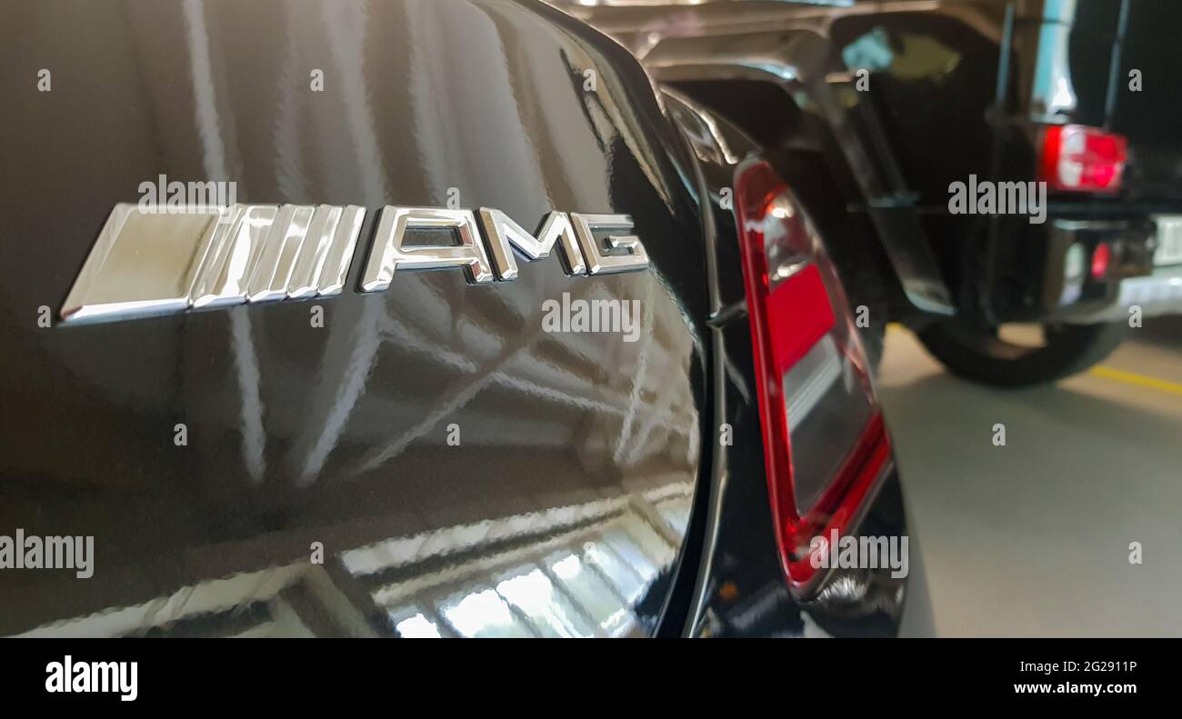 AMG logo on the trunk. Concern Daimler AG. Production of powerful and ...