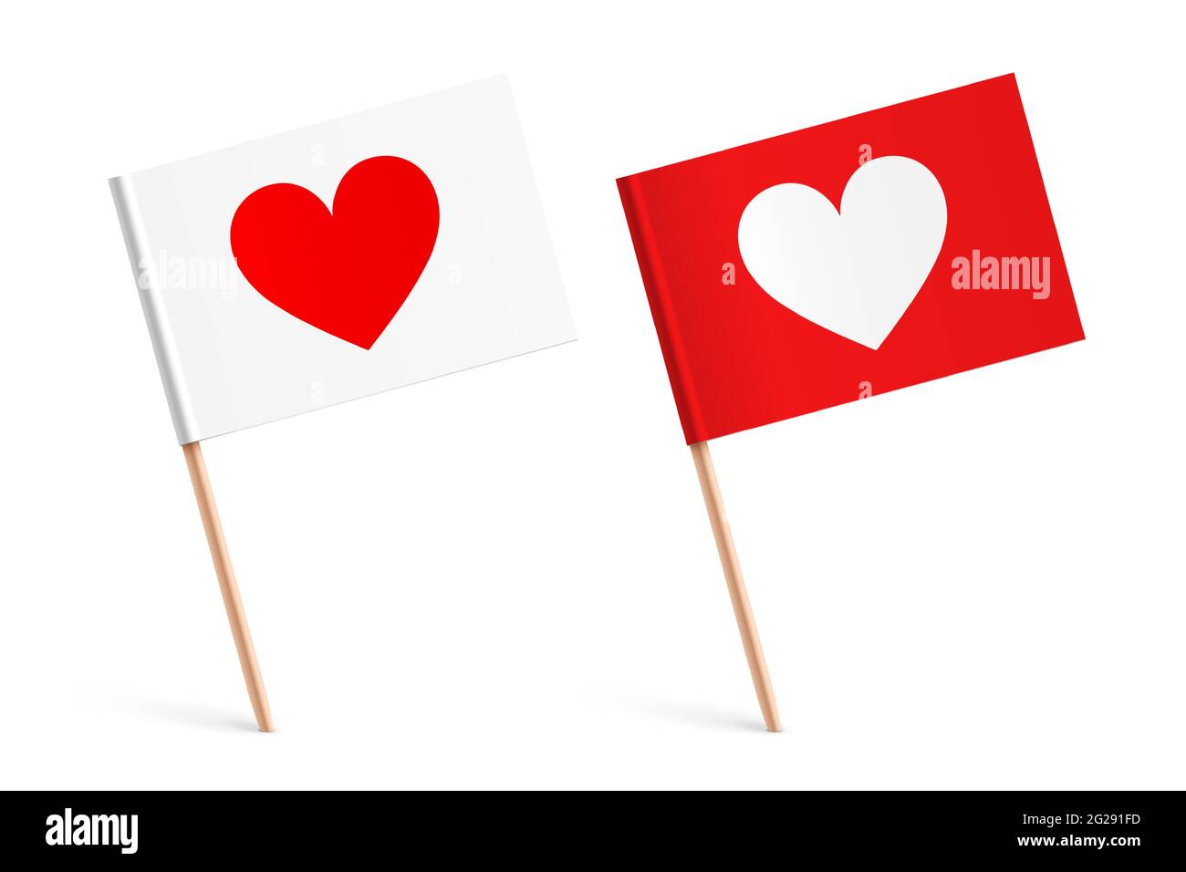 Red and white little paper flags with heart icons, sticked on a surface ...