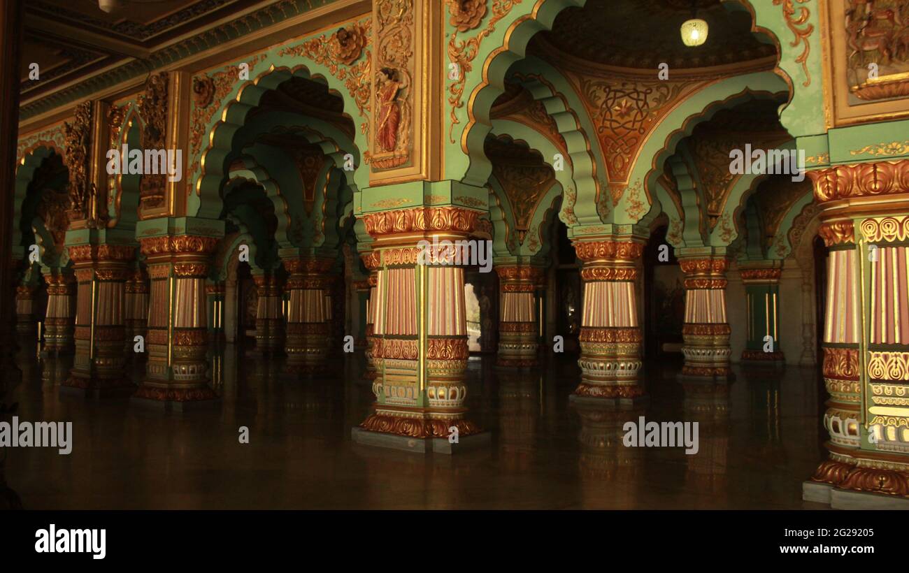 Pillars and Arches of the Audience Hall in Mysore Palace, India. Amba ...