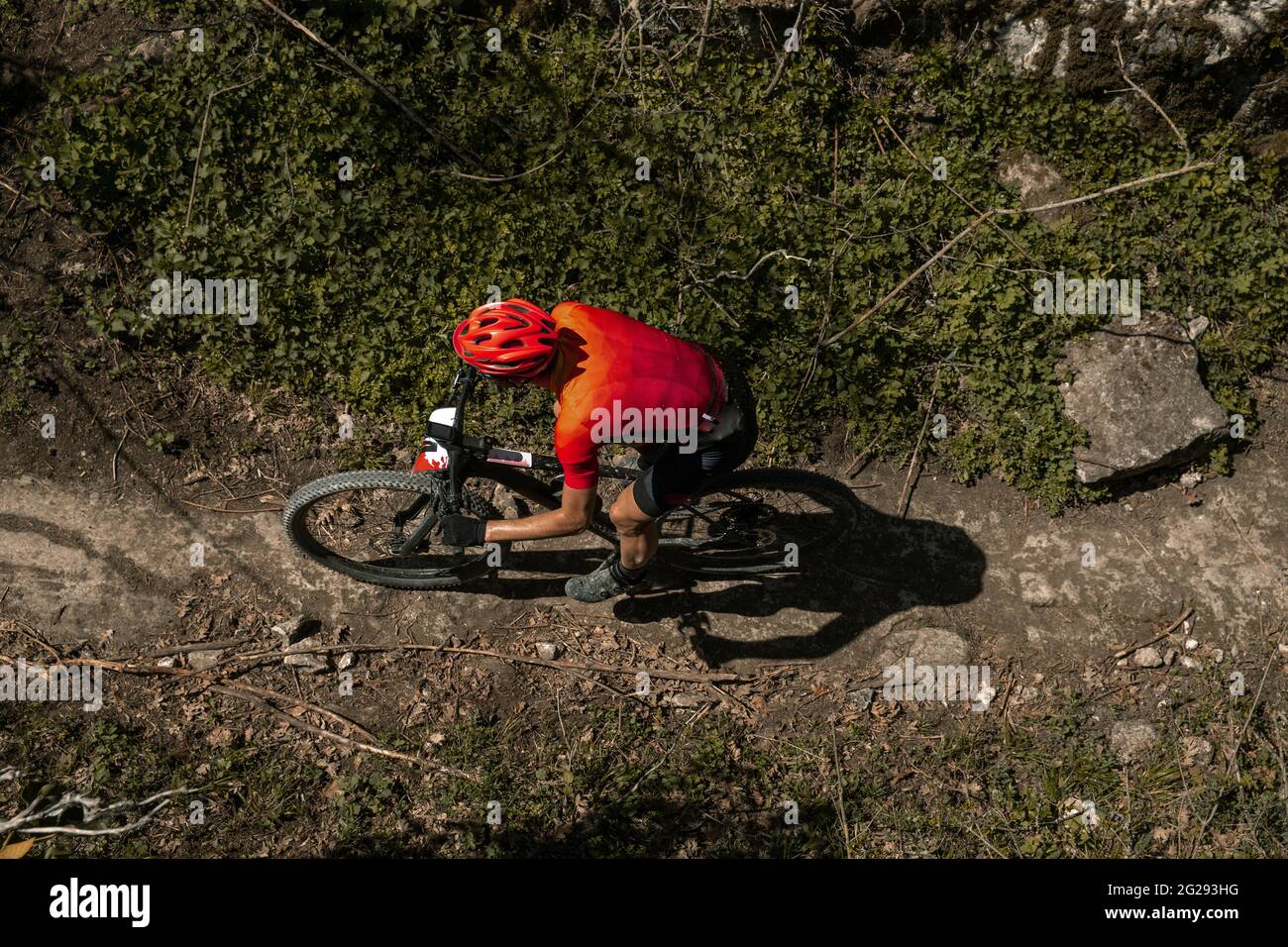 top view male athlete on mountain bike biking on trail Stock Photo - Alamy