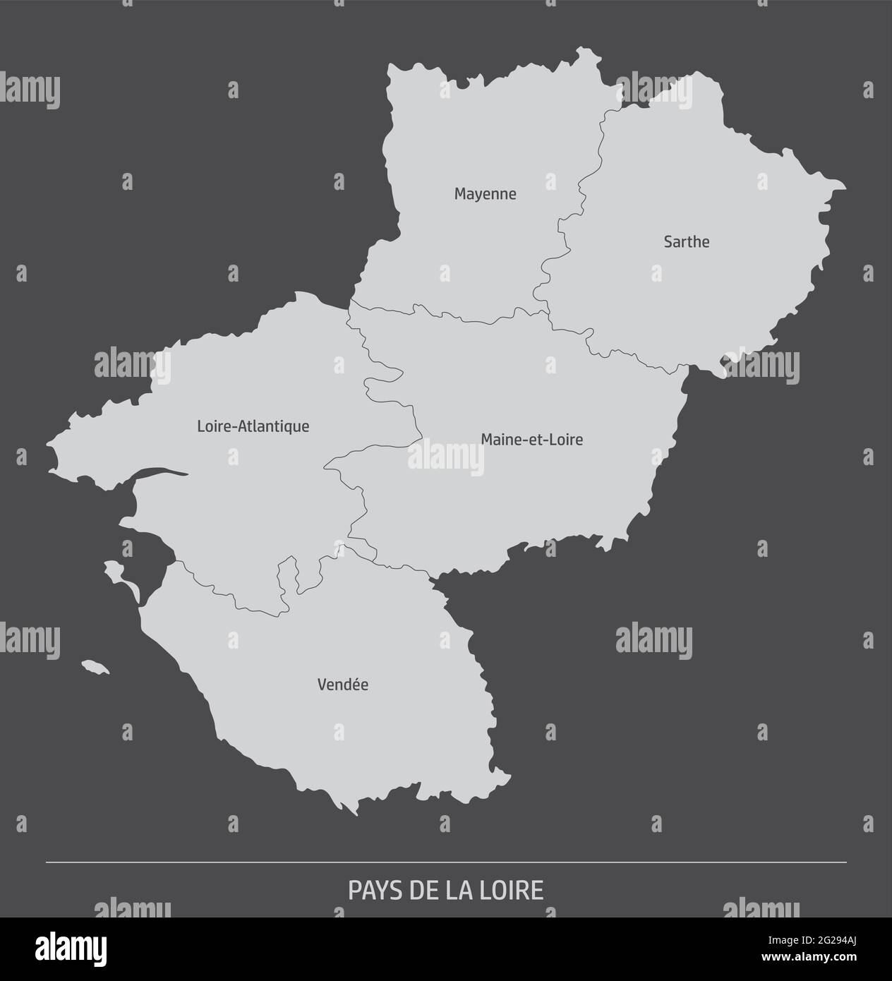 Pays de la Loire administrative map isolated on dark background, France ...