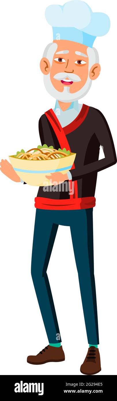 elderly man cook chef holding prepared dish in restaurant kitchen ...