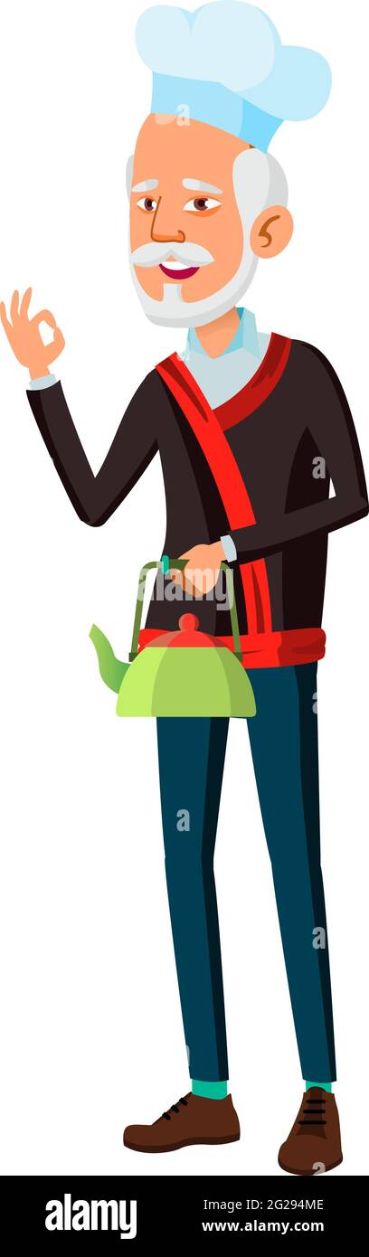 elderly man chef offering tasty tea to restaurant guest cartoon vector ...
