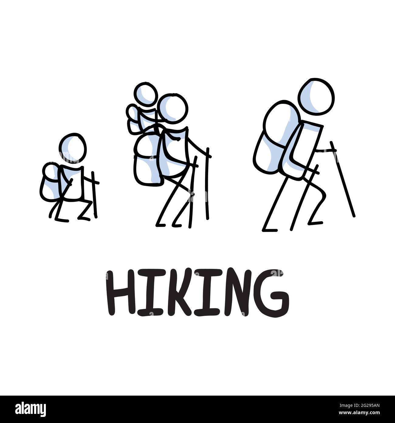 Stick figures icon of family hiking. Vacation pictogram with text Stock ...