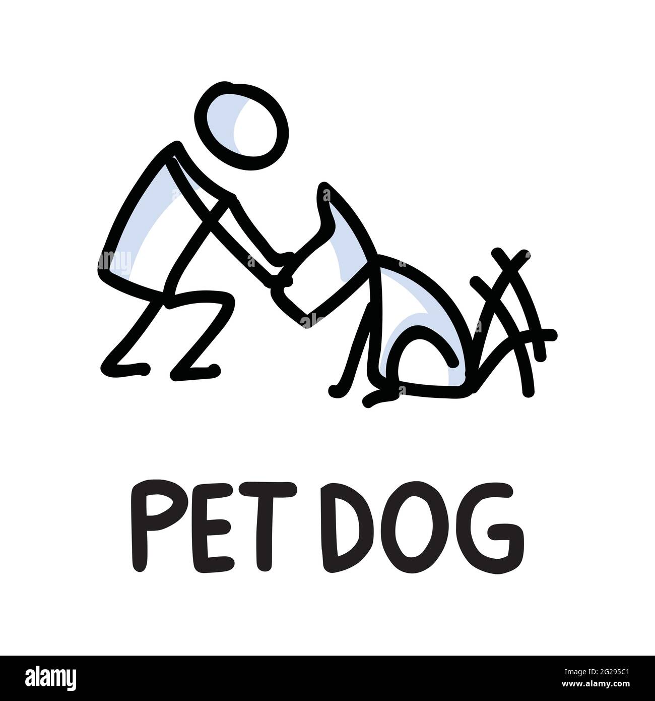 Stick figures icon of pet dog and owner. Puppy pictogram with text ...