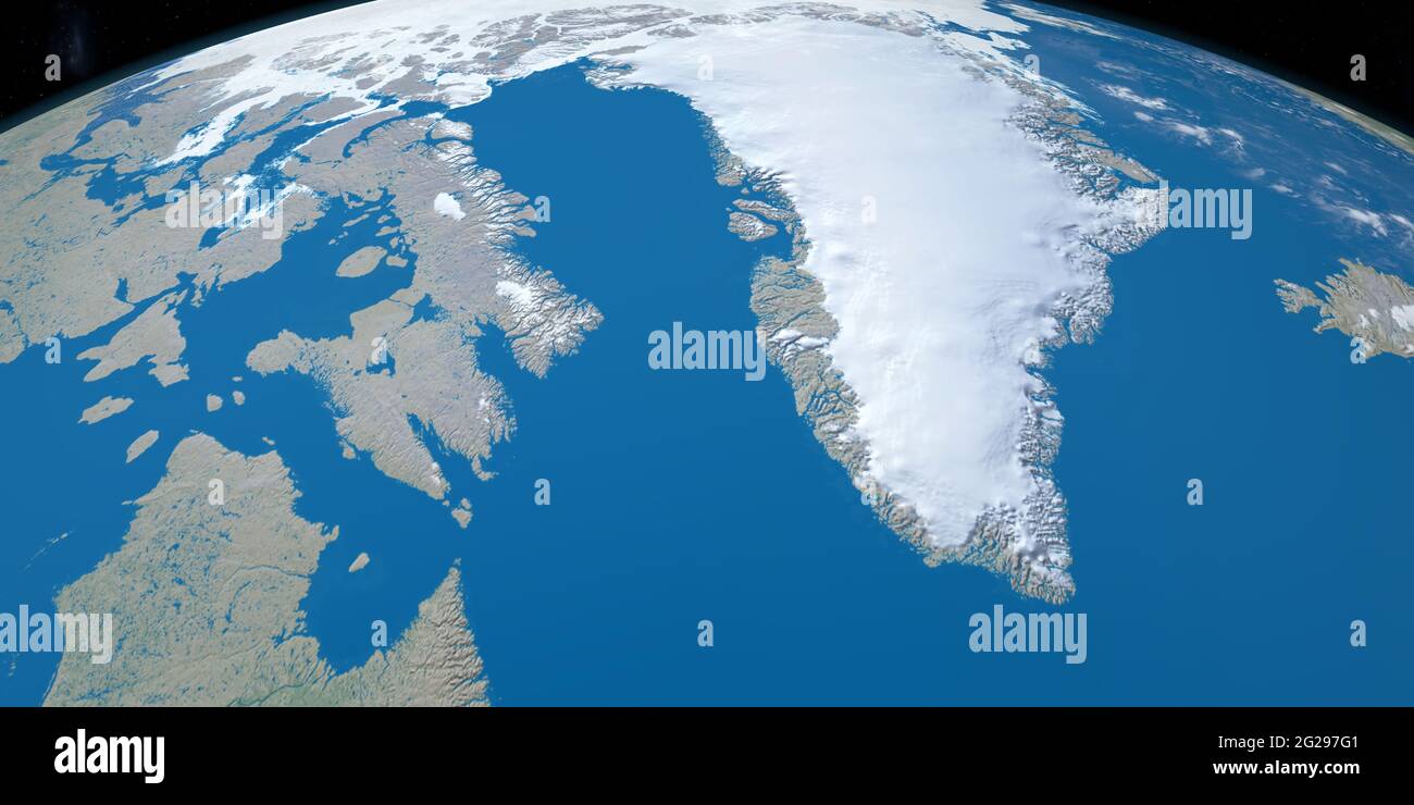 Baffin Sea in planet earth, aerial view from outer space. 3d render ...