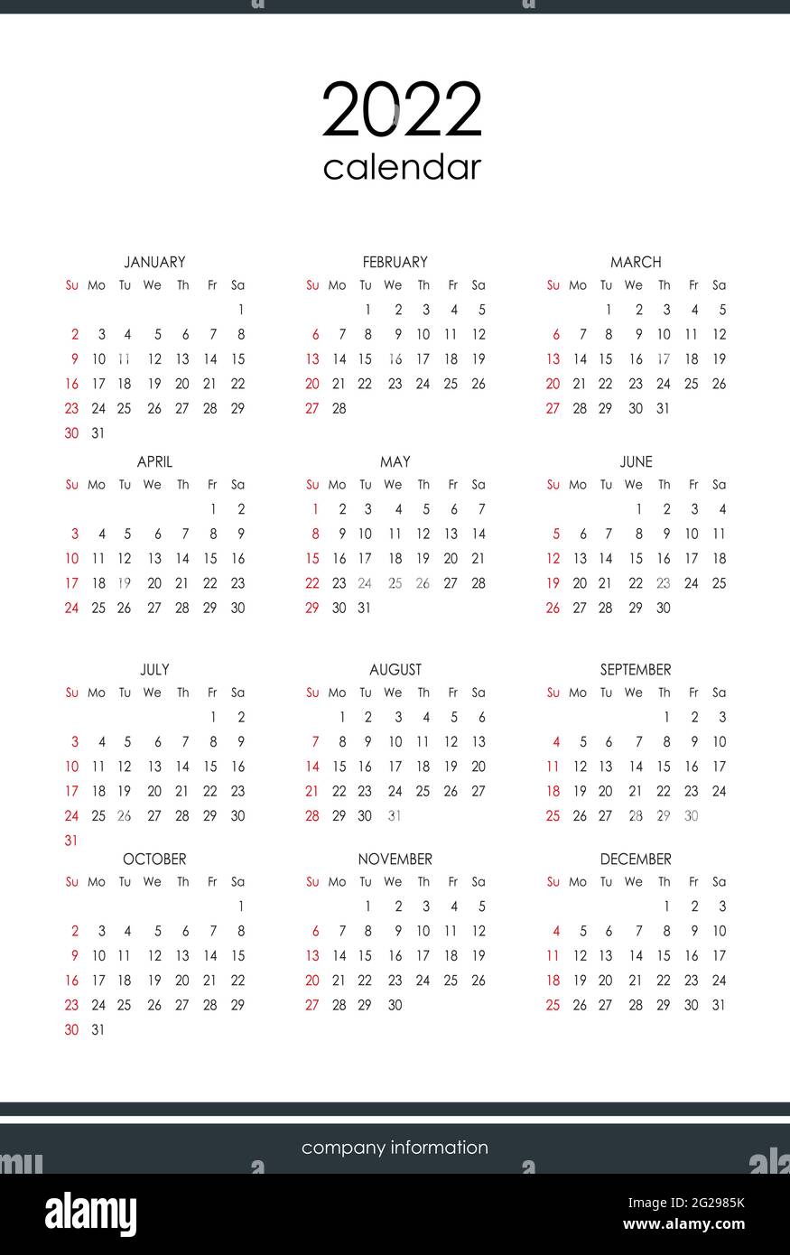 Template of calendar for year 2022. Simple monochrome project. Week ...
