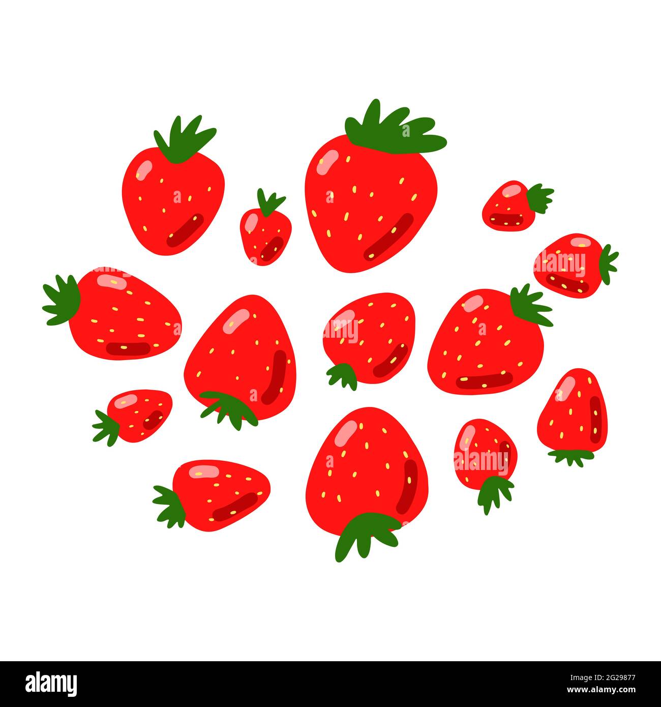 Cartoon ripe strawberry set. Red berries with leaves isolated on white ...