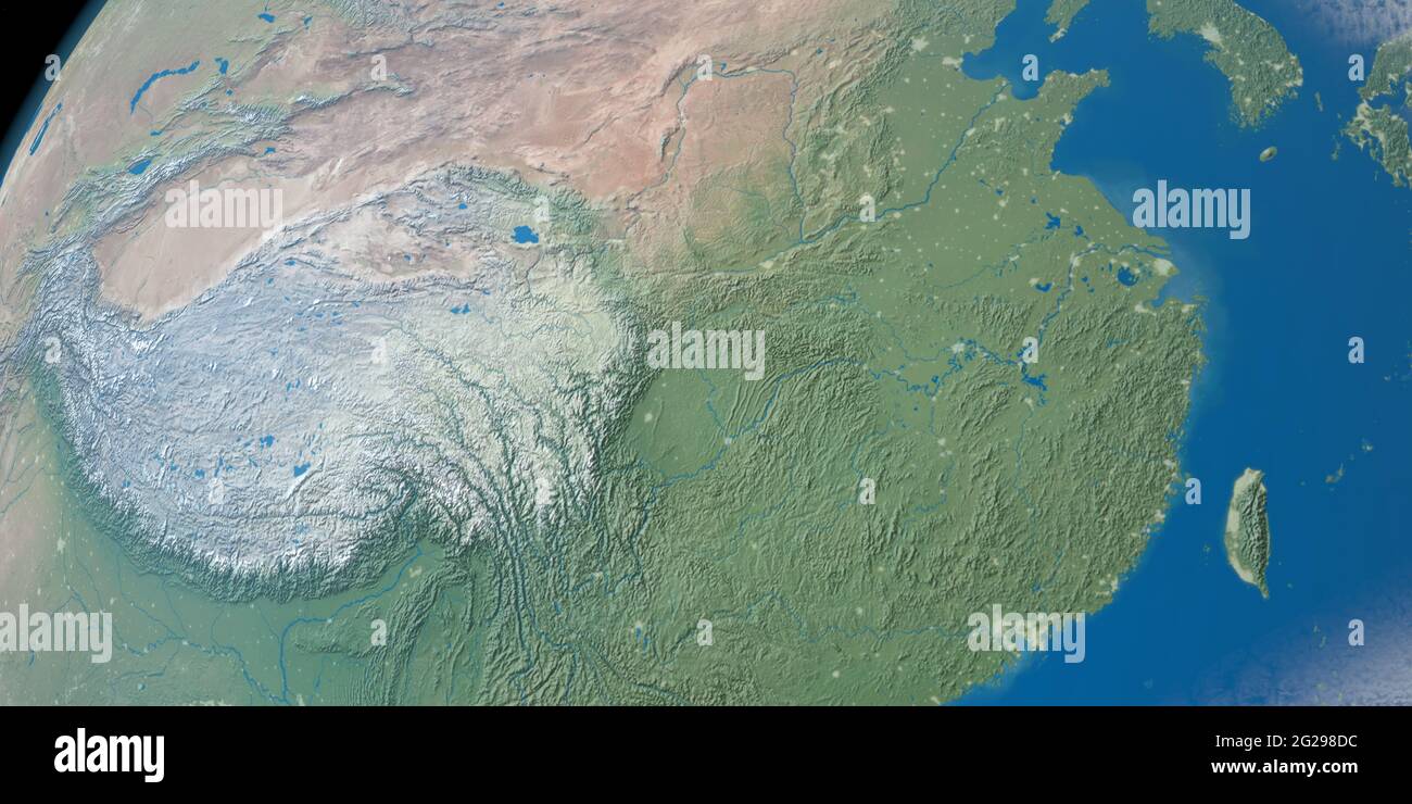 Yellow river in planet earth, aerial view from outer space, 3d render ...