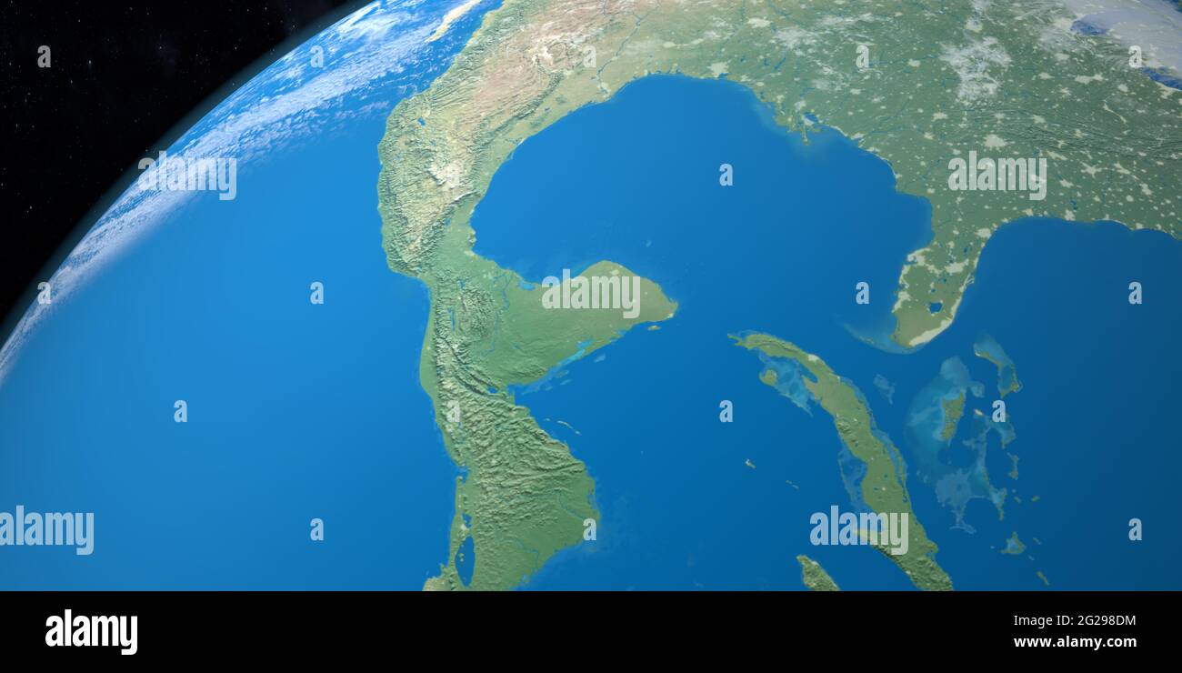 Yucatan Peninsula in planet earth, aerial view from outer space. 3d ...