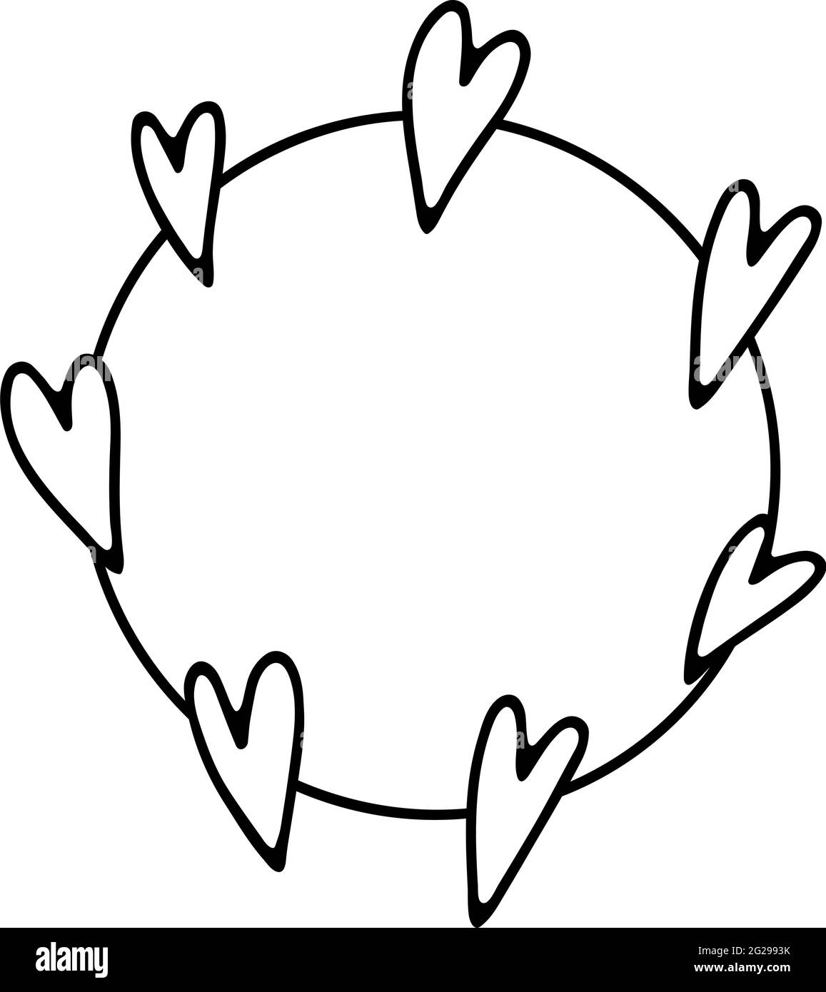 Doodle Valentines Day circle frame. Hand-drawn outline template with ...