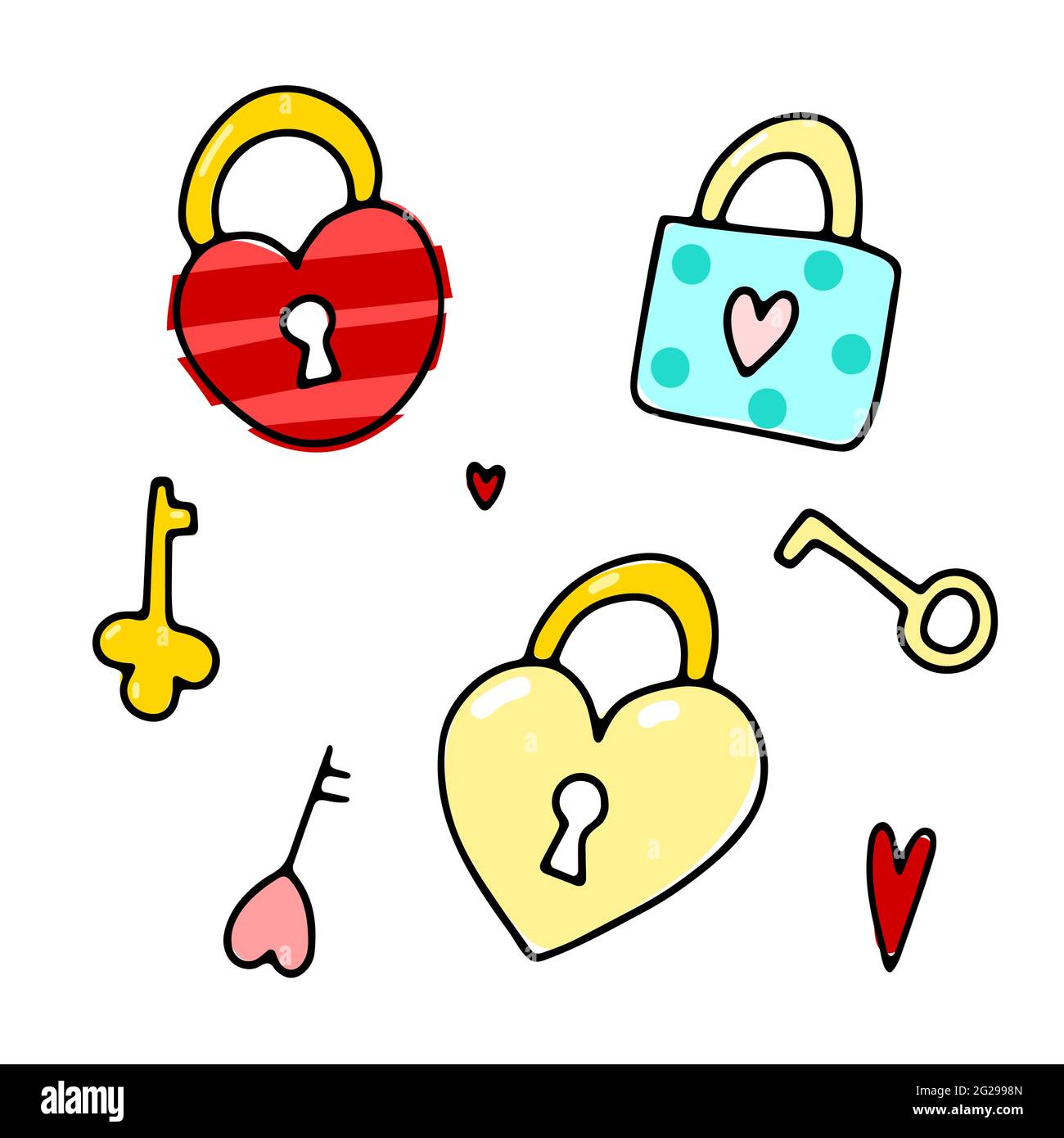 Doodle Valentines Day hearts padlock set. Hand drawn color love symbol ...