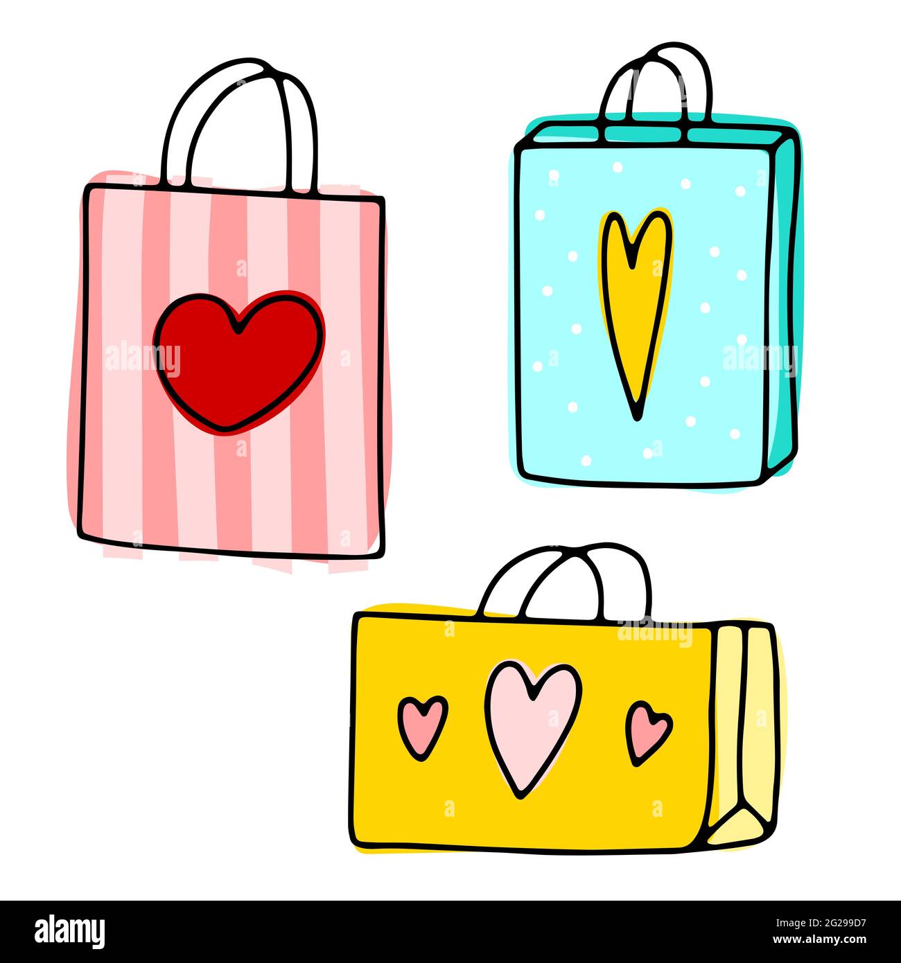 Cute doodle packages set. Hand-drawn color present bag isolated on ...