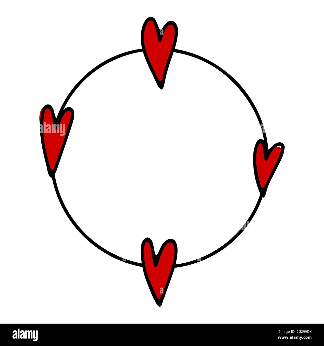 Doodle Valentines Day circle frame. Hand-drawn color template with red ...