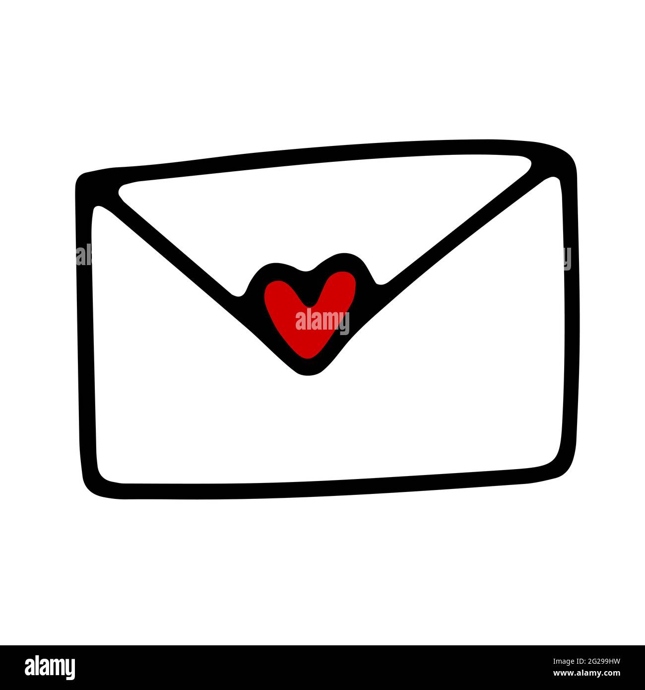 Doodle mailing envelope with red heart. Hand-drawn letter icon isolated ...