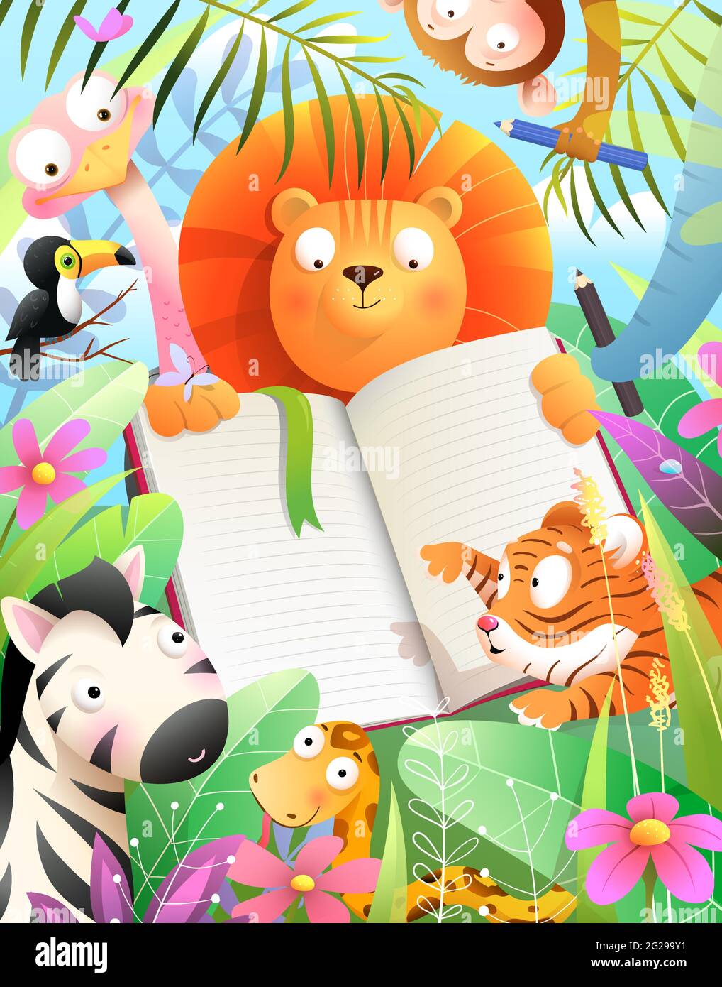Jungle Animals at School Study Draw Write or Read Stock Vector Image ...