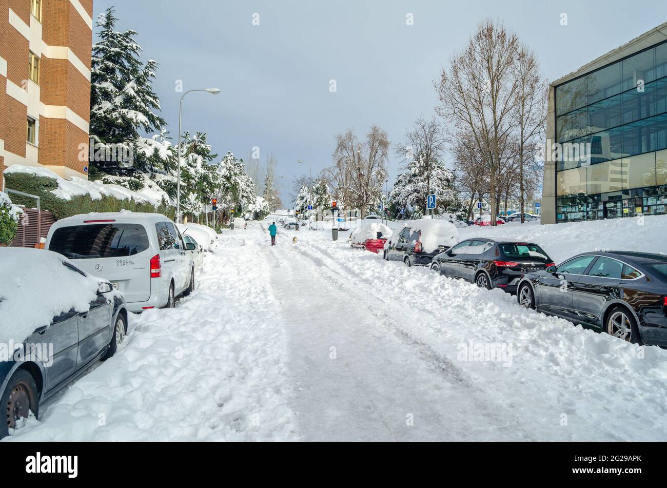 MADRID, SPAIN – JANUARY 10, 2021: Streets of Madrid blanketed with the ...
