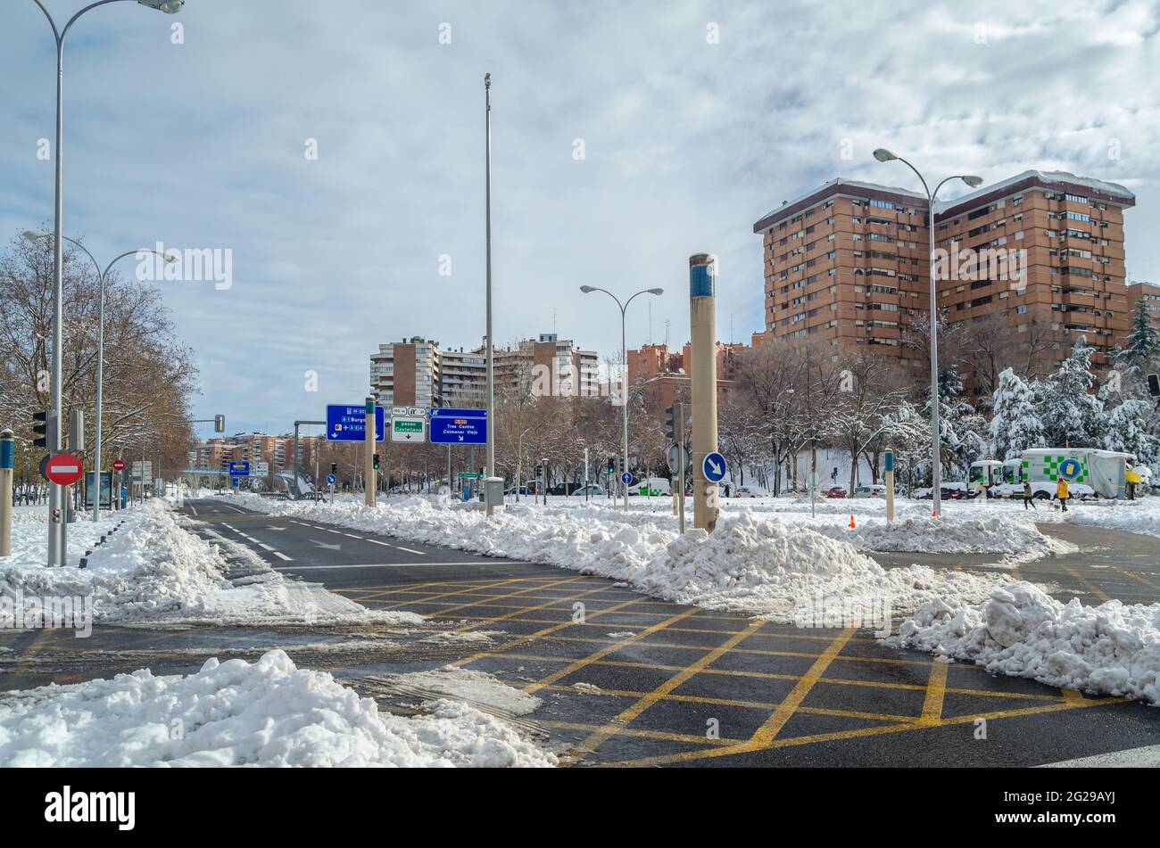 MADRID, SPAIN – JANUARY 10, 2021: Streets of Madrid blanketed with the ...