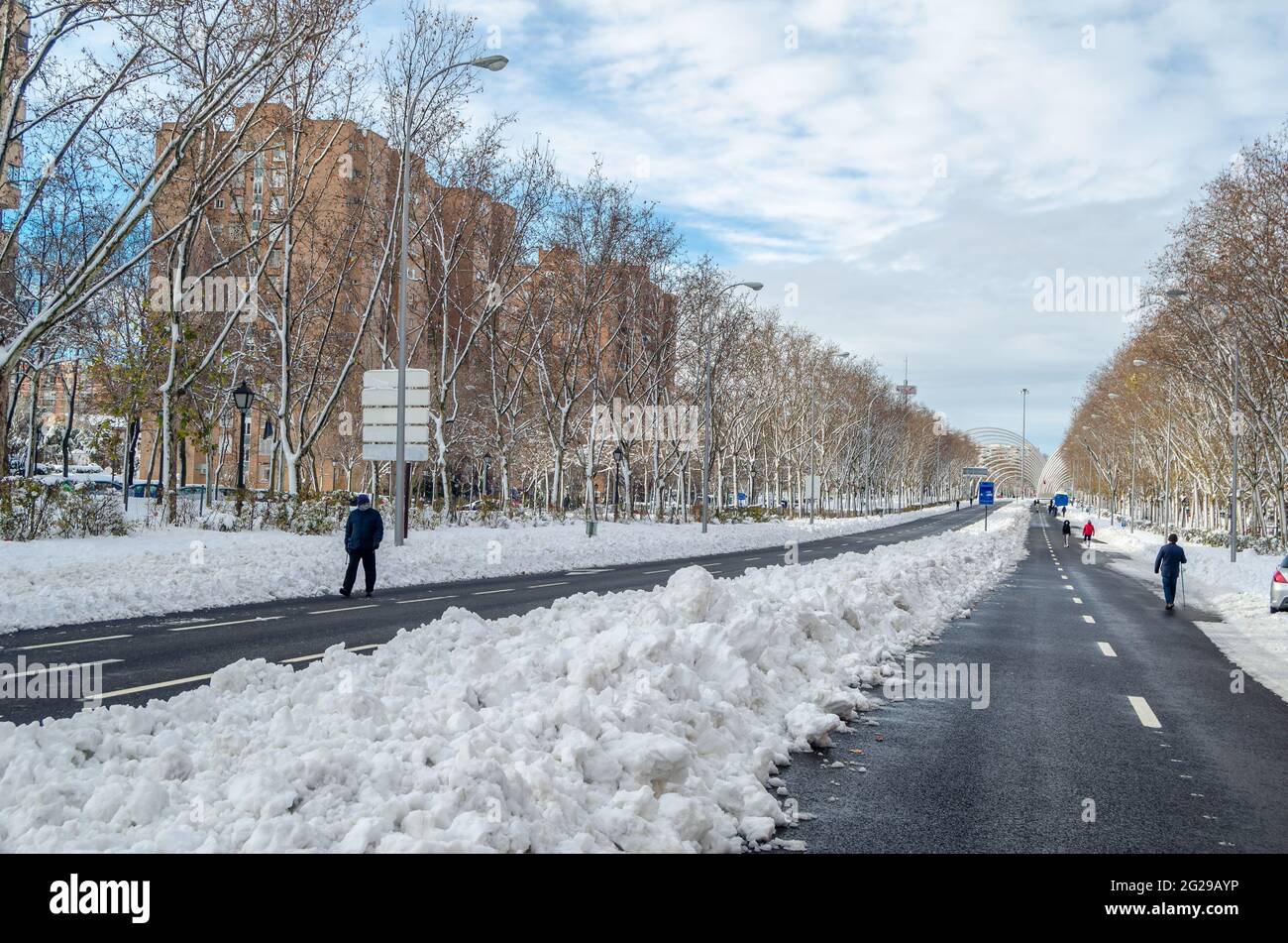 MADRID, SPAIN – JANUARY 10, 2021: Streets of Madrid blanketed with the ...