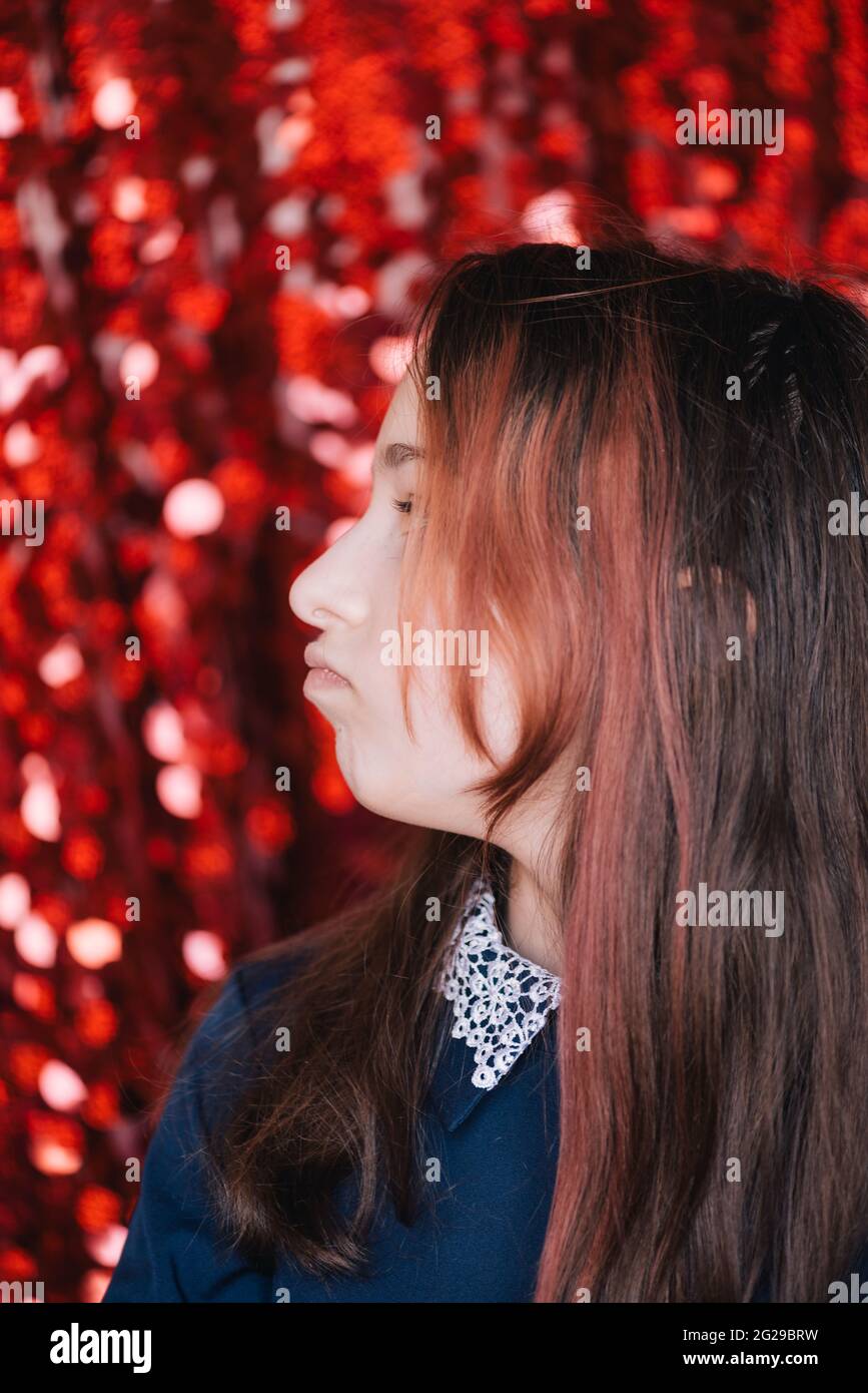 school girl. Schoolgirl on a red background portrait. A series of ...