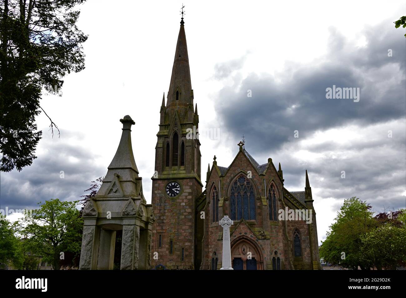 An exterior view of the architecture of a church building in the ...