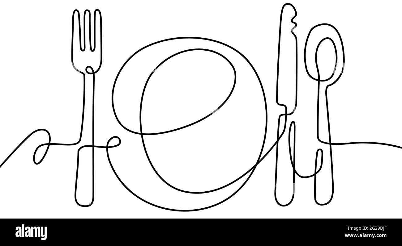 Hand drawn plate, spoon, fork and knife Continuous one line drawing ... Hand drawn plate, spoon, fork and knife Continuous one line drawing ...